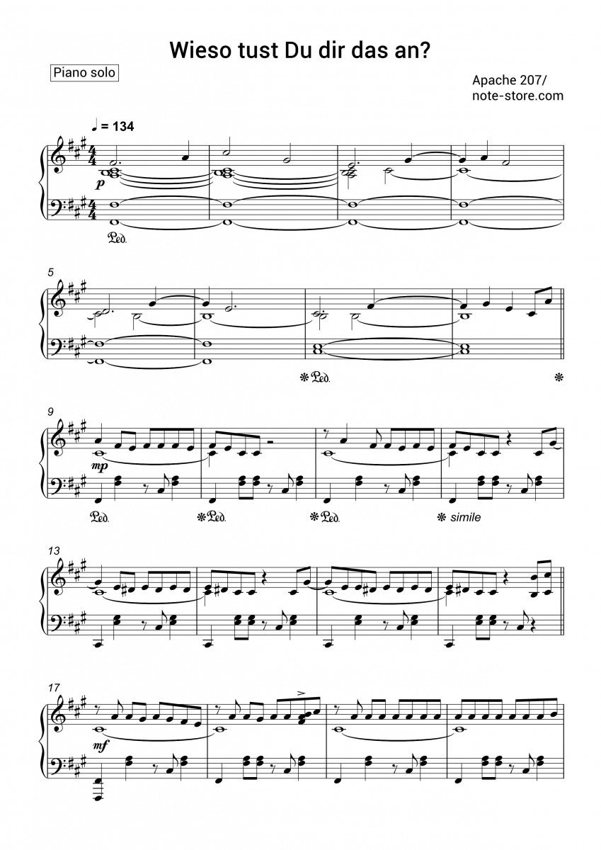 Apache 207 - Wieso tust Du dir das an? ноты для фортепиано в Note-Store.ru | Пианино.Соло SKU ...