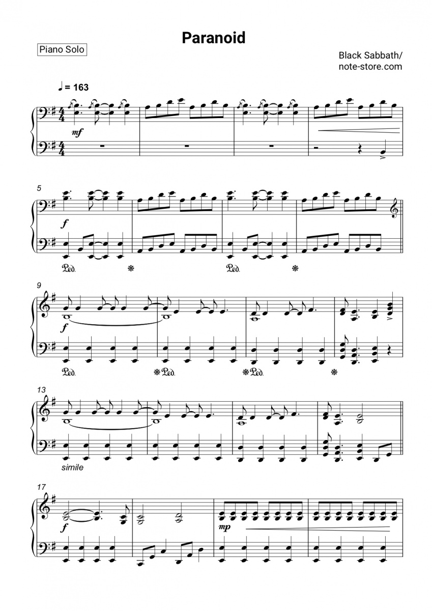 Black Sabbath - Paranoid ноты для фортепиано в Note-Store.ru | Пианино.Соло SKU PSO0019290