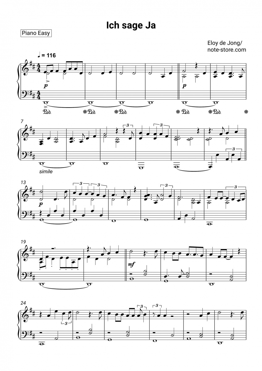 Eloy De Jong - Ich sage Ja ноты для фортепиано для начинающих Пианино ...